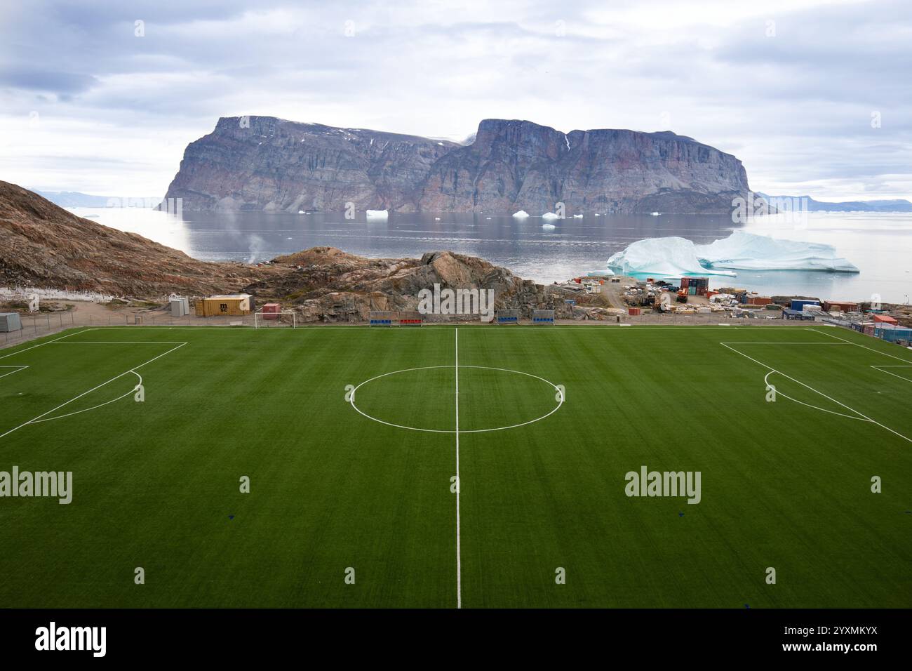 Uummannaq football field, northwest of Greenland, located on an island ...