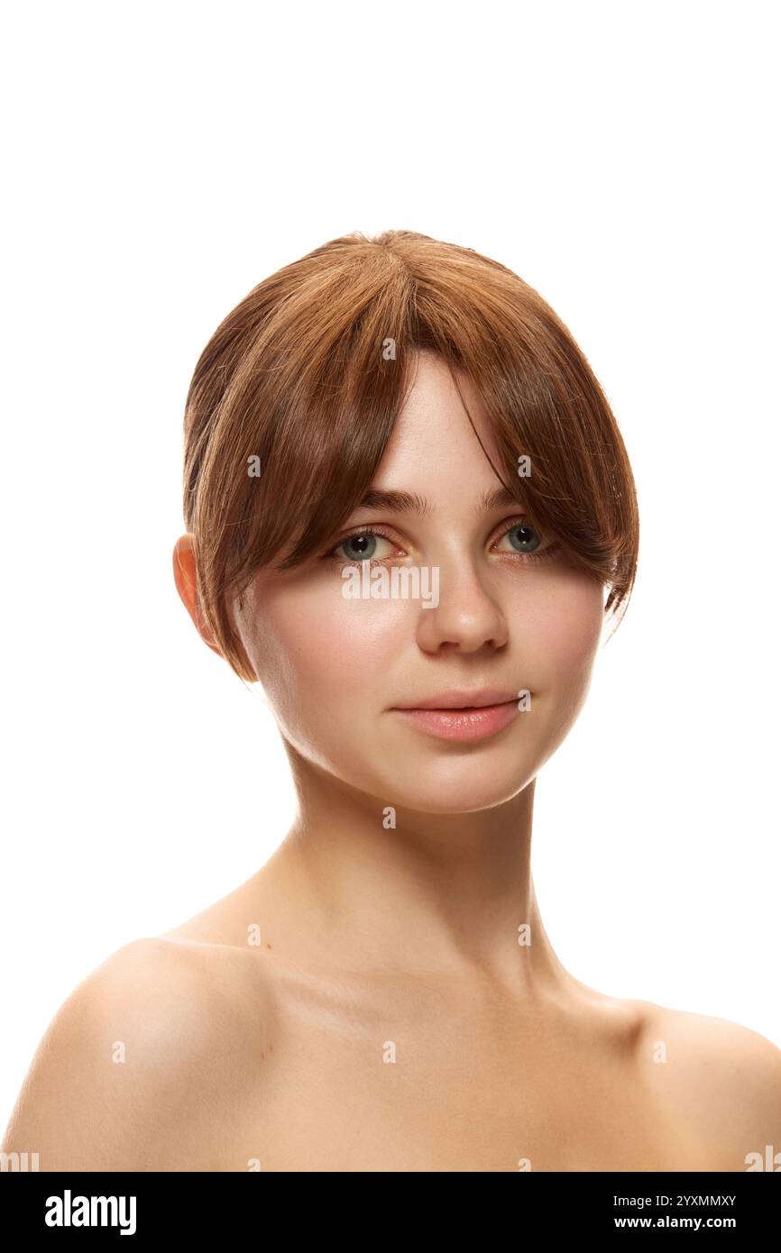 Natural blushing. Portrait of beautiful young woman with spotless, well ...