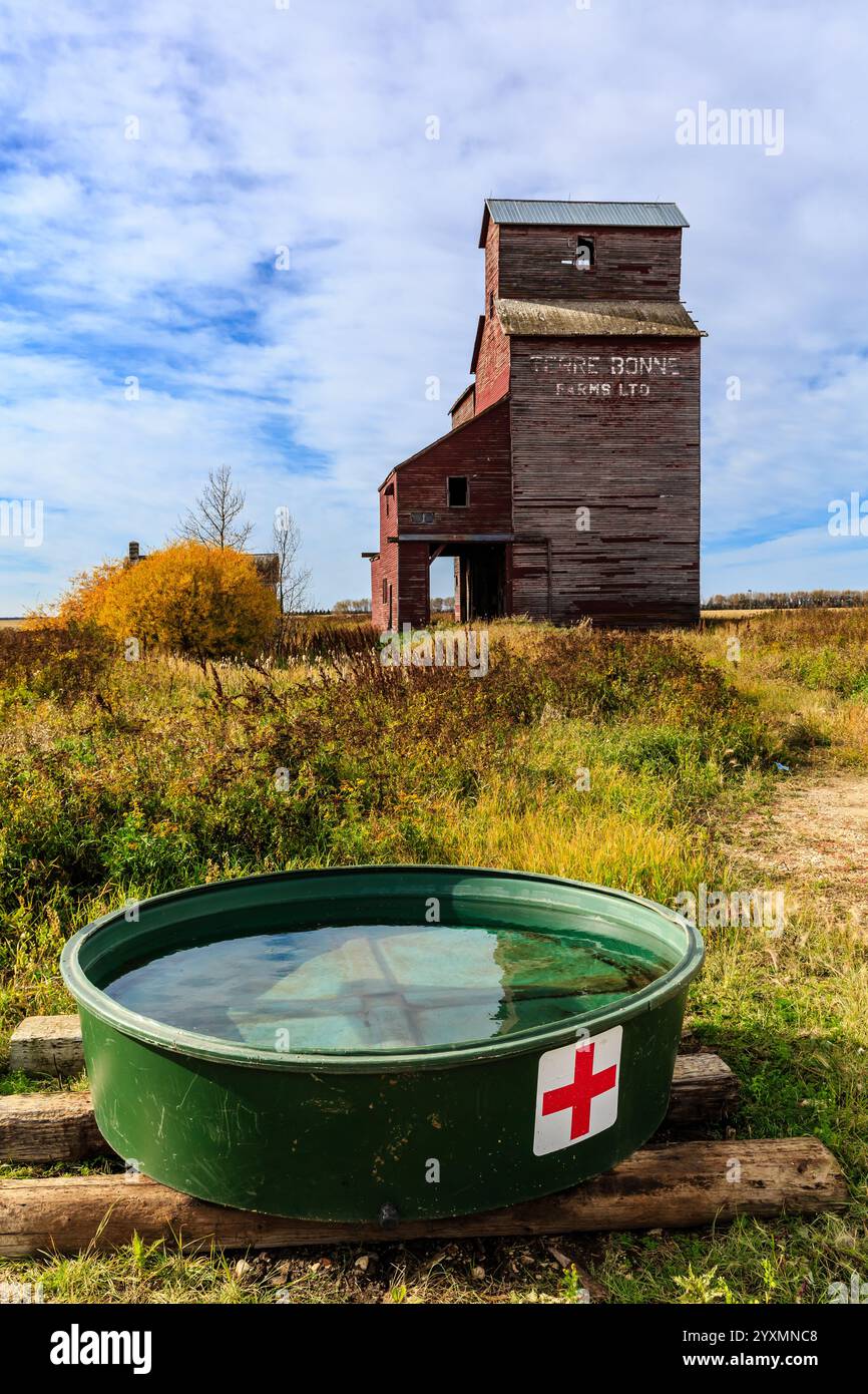 A green barrel with a red cross on it is filled with water. The barrel ...