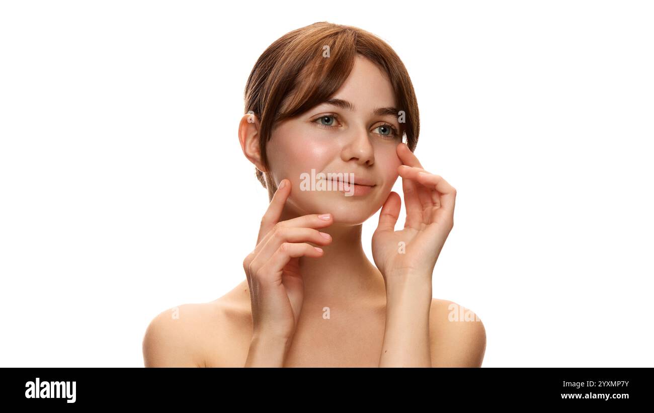 Portrait of beautiful young woman with flawless, healthy, spotless skin ...