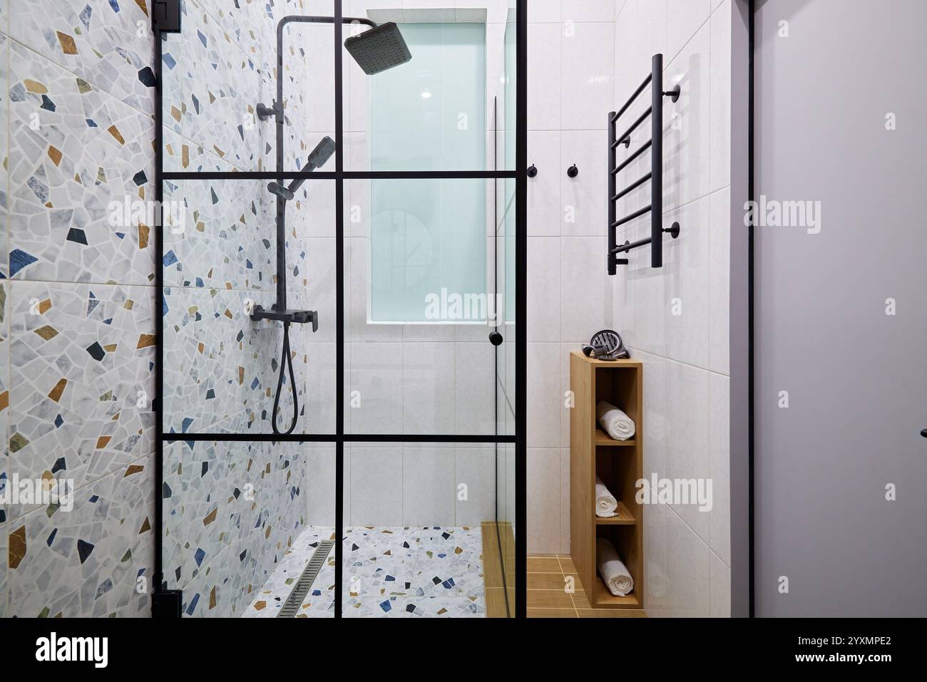 Explore a Modern Shower Design featuring Stylish Terrazzo and Glass for ...