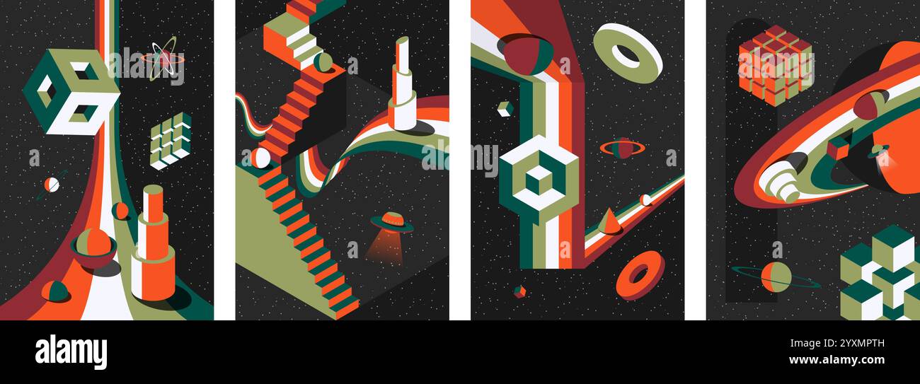 Abstract psychedelic posters with retro 1980s surreal space theme ...