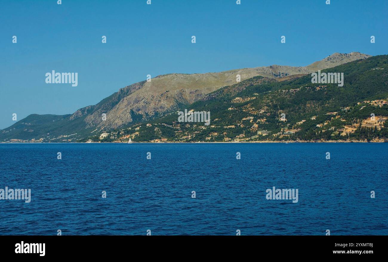 The Ionian coastline near Kalami, north east Corfu. Here, the green ...