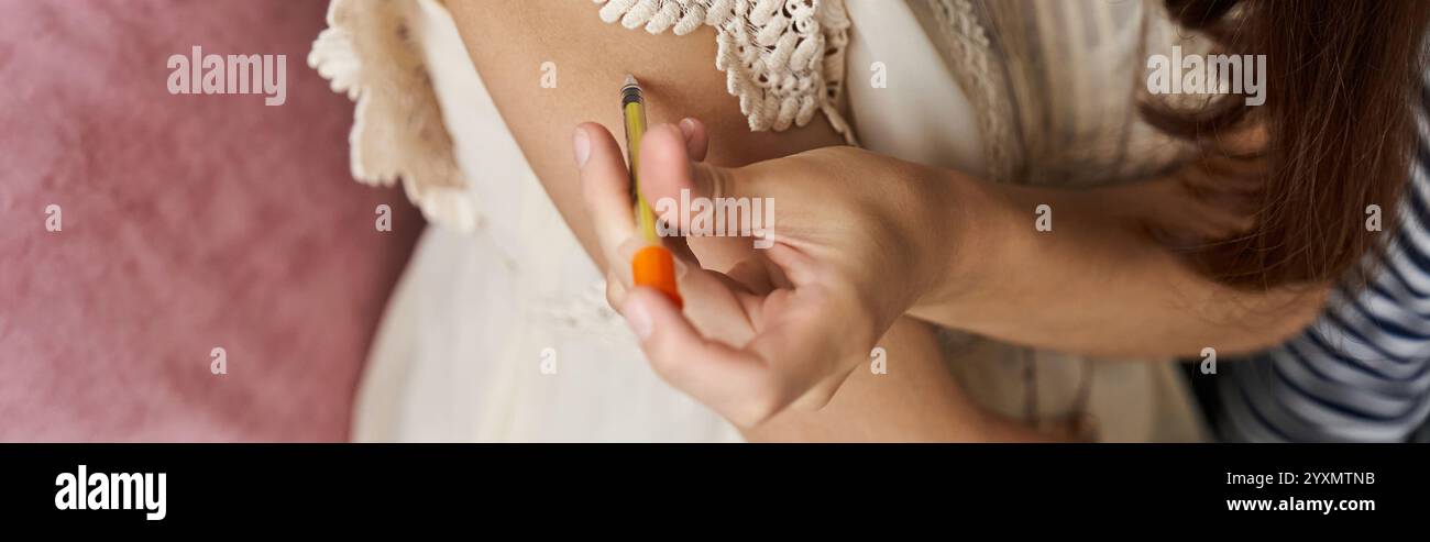 In a modern living room, a young woman administers insulin, banner ...