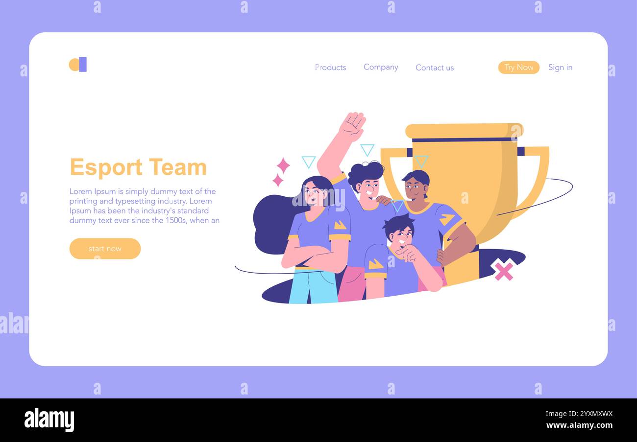 Esport team concept. Illustration of a victorious gaming squad with trophy, exemplifying ...