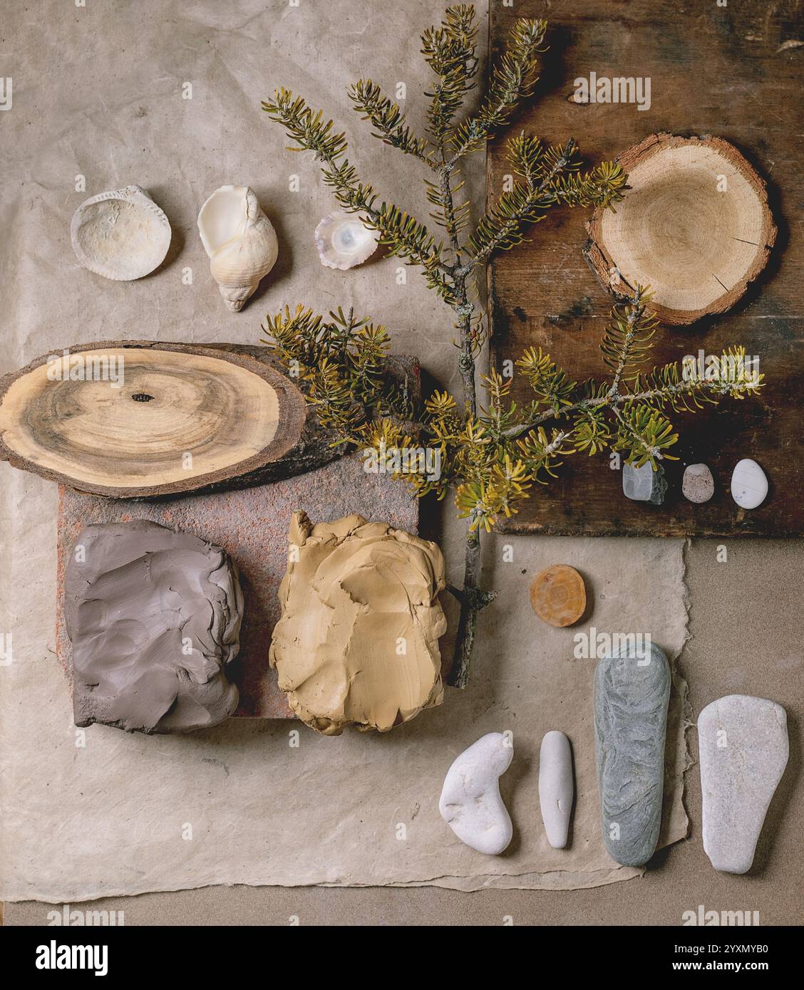 Flat lay of creative design beige pottery mood board. Pieces of raw ...