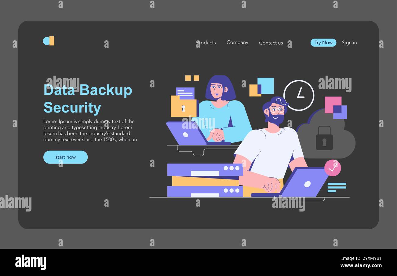 Data Backup Security concept. Digital illustration portraying two professionals ensuring the ...