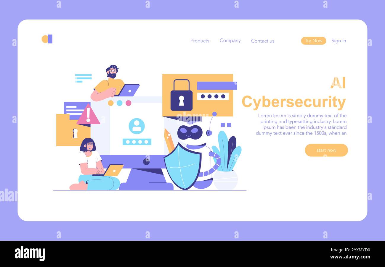 AI Cybersecurity concept. Digital interface with human and robot securing data. Online ...