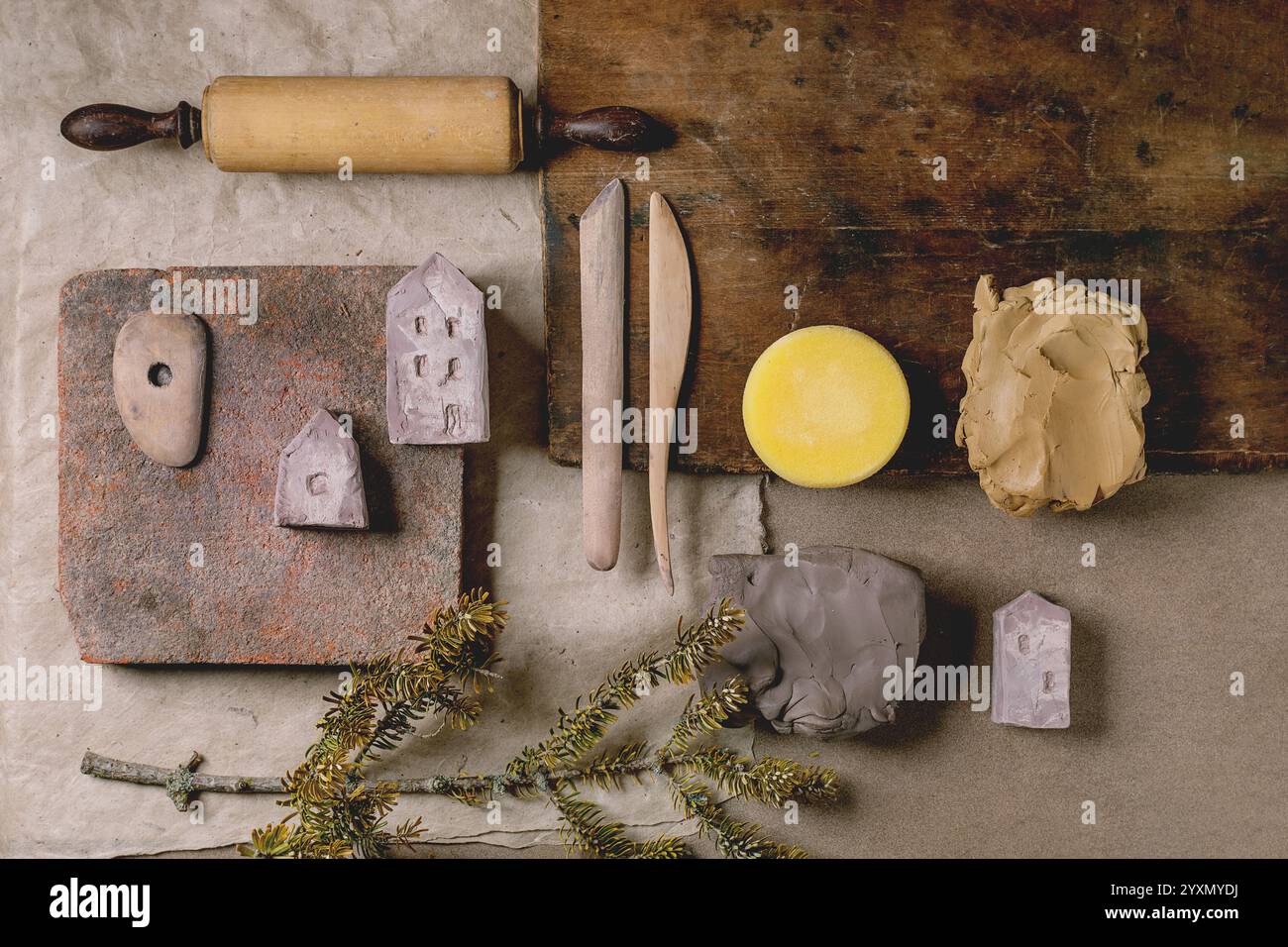 Flat lay of creative design beige pottery mood board. Pieces of raw ...