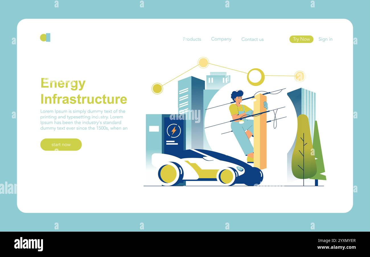 Electrification concept. Modern urban landscape with electric vehicle ...