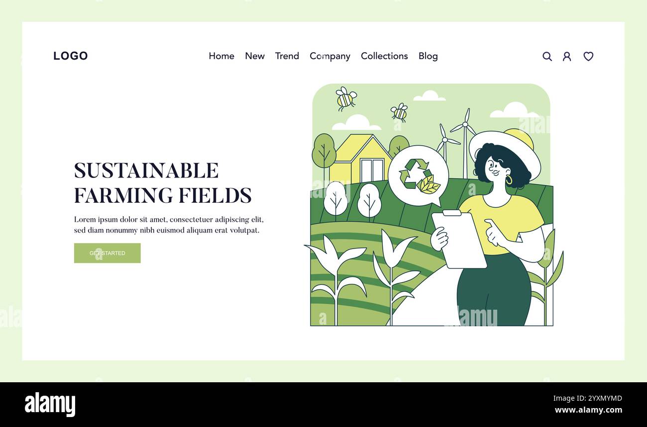 Sustainable Farming concept. An illustrated woman promotes eco-friendly ...