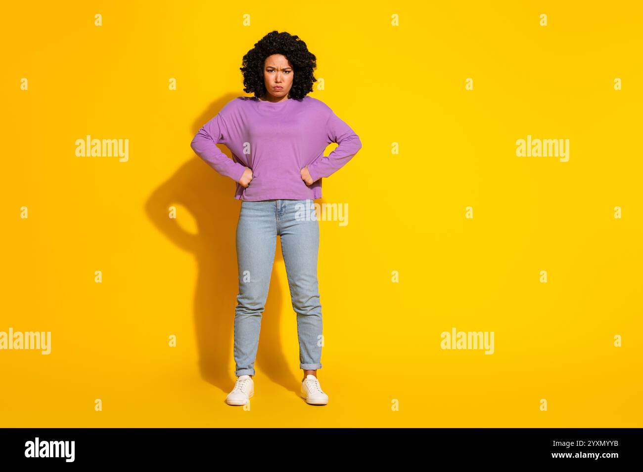 Full size photo of nice young woman offended angry empty space isolated ...