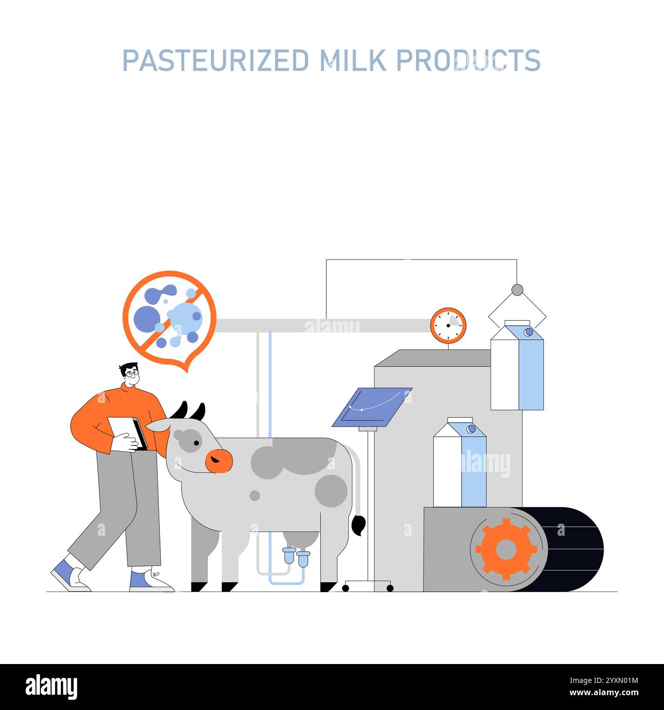 Pasteurization process illustration. A man oversees the transformation from cow milk to packaged ...