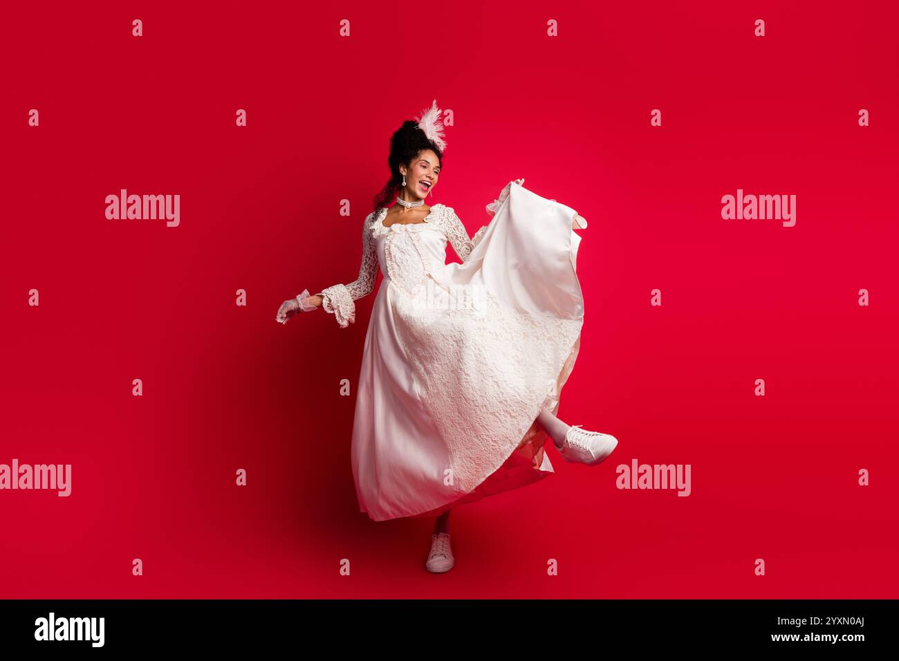 Photo of lady in antique style costume dancing moving isolated red ...