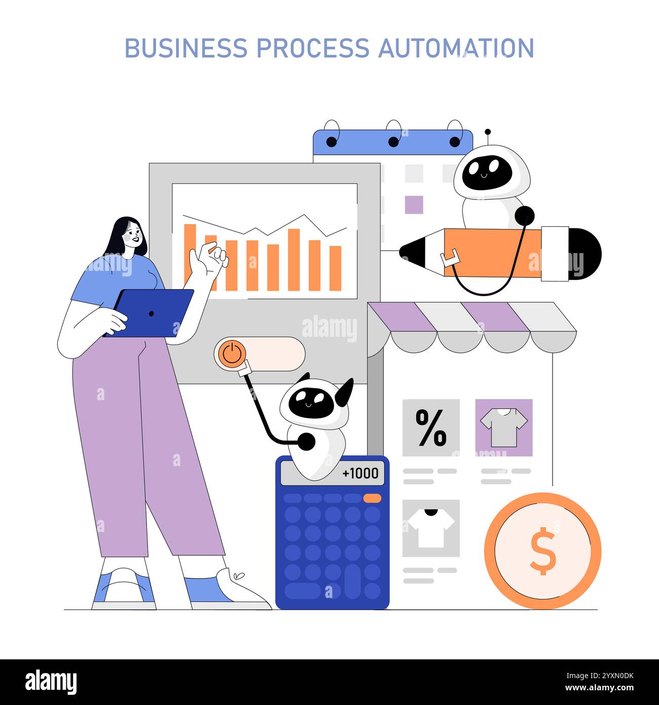 Business Process Automation concept. Efficient workflow with robots assisting in data analysis ...