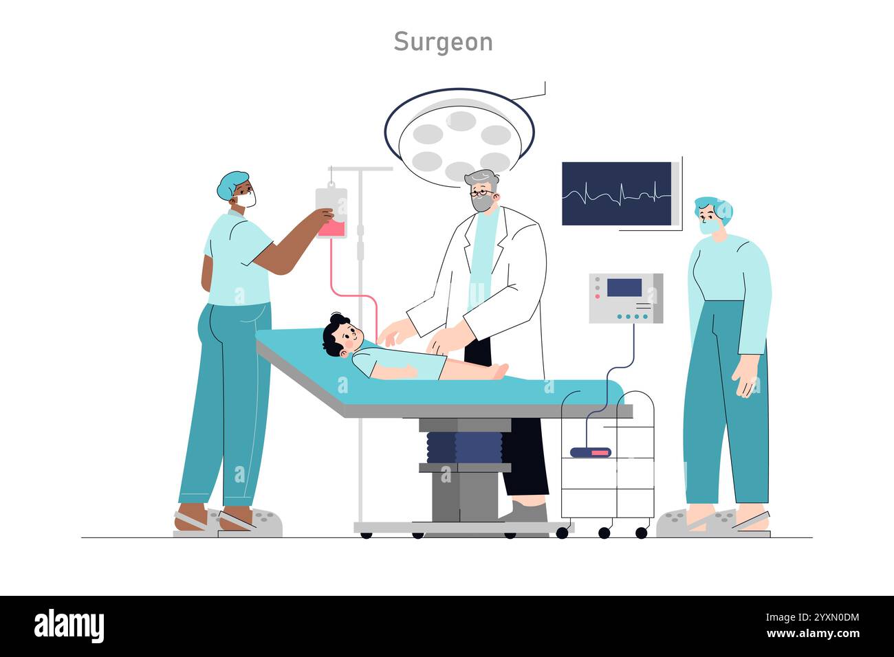 Surgical team prepares for operation in modern OR. Illustration of a ...