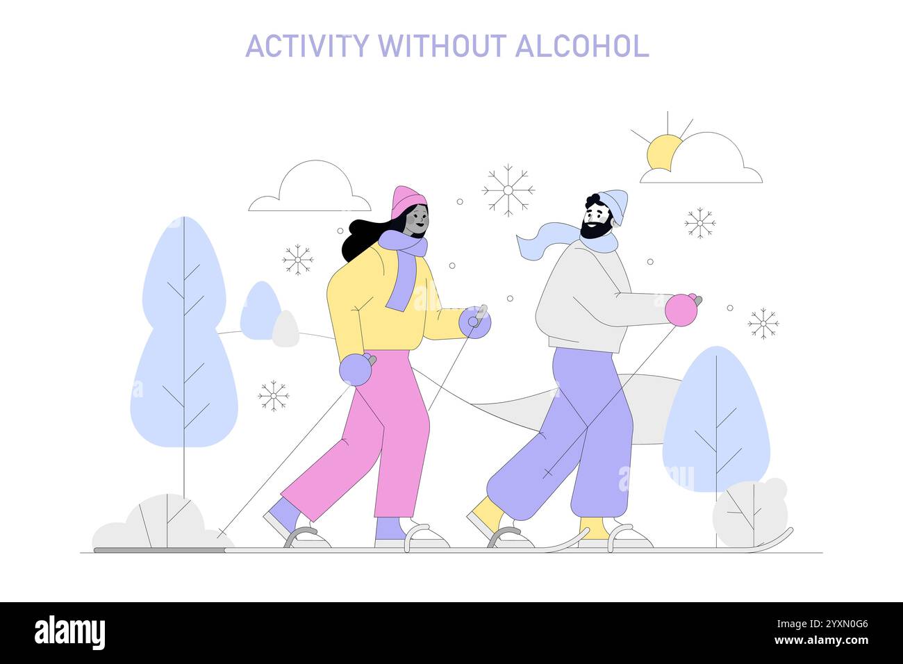 Dry January concept. Illustration of two people enjoying a walk in the ...