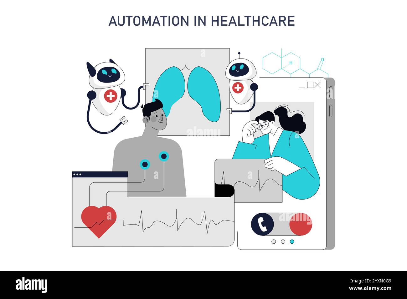 Healthcare automation concept. Illustration of robotics and digital technology enhancing medical ...