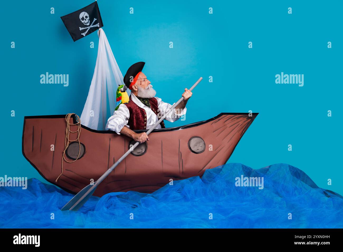 Photo of actor wearing medieval pirate costume swimming sailing wooden ...