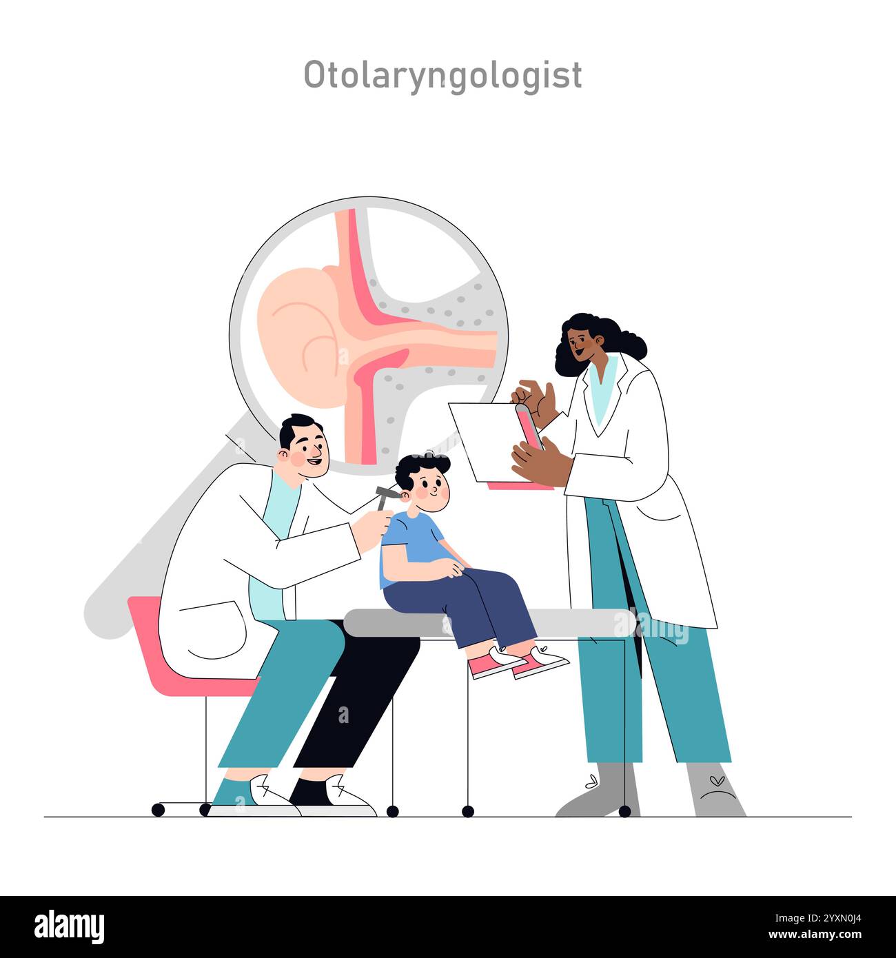 Pediatric otolaryngology consultation illustration. A child patient ...