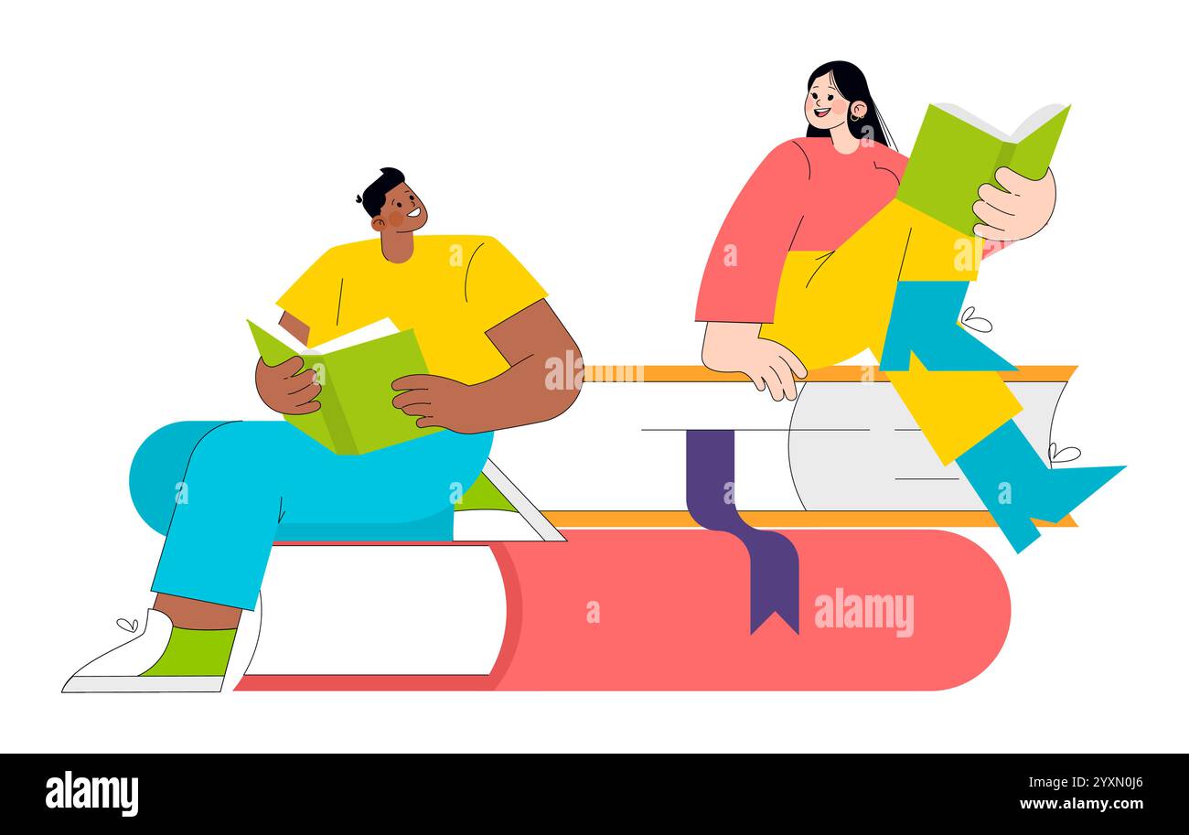 Diverse readers concept. Two people engaged in reading books while ...
