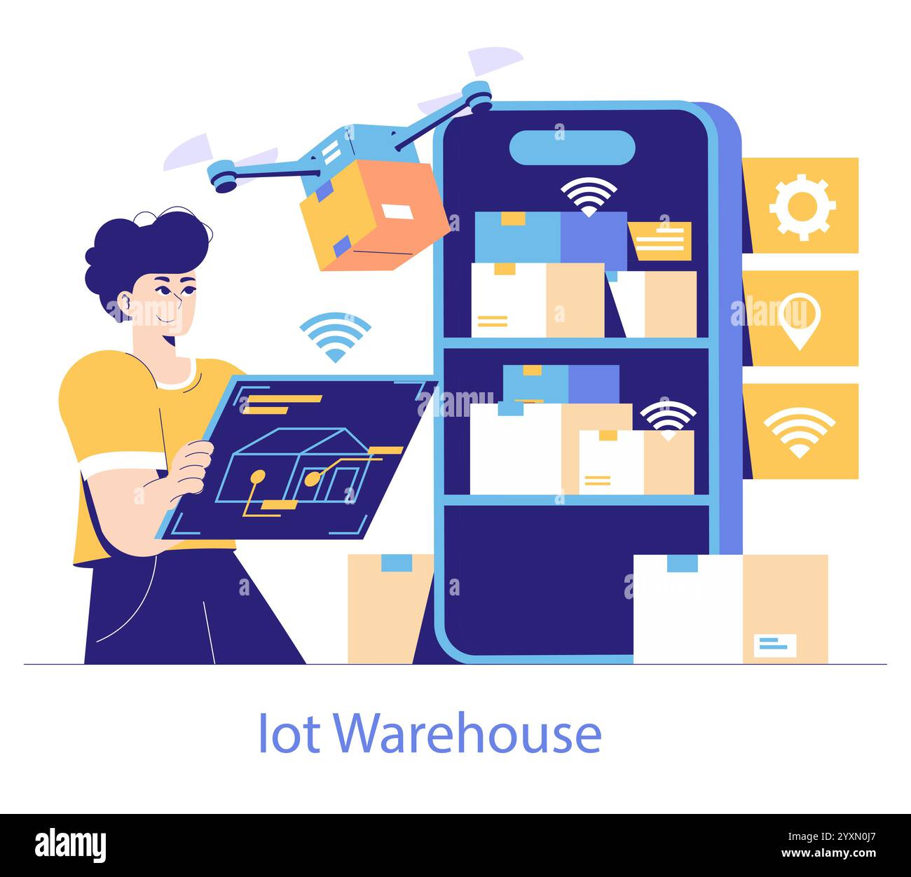 Logistics Automation concept. Modern warehouse management with IoT technology and drones ...
