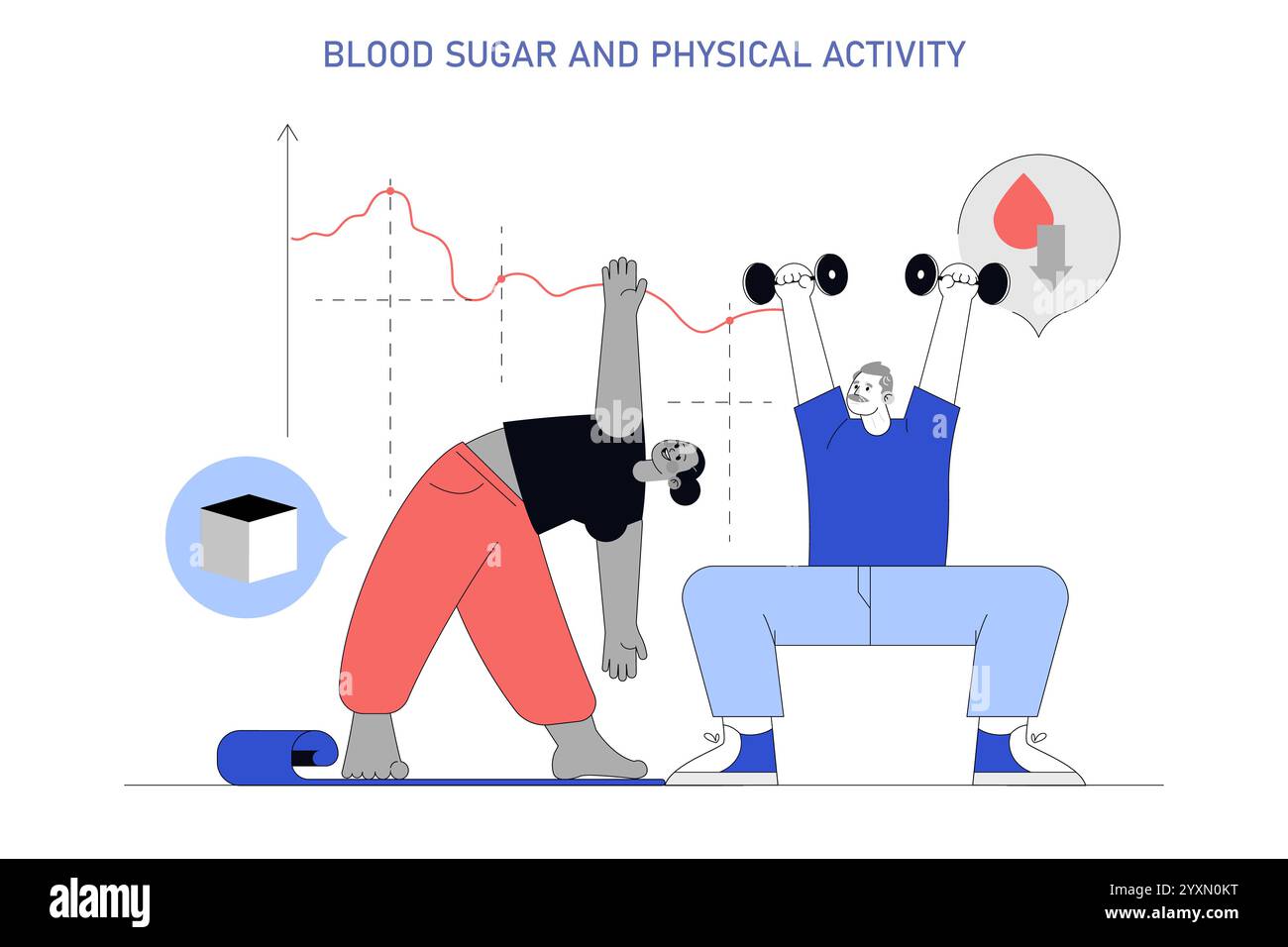 Blood sugar management concept. Illustration of individuals exercising ...