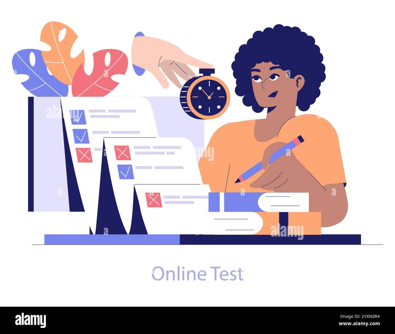 Edtech concept. Student undertaking an online test with a ticking clock ...