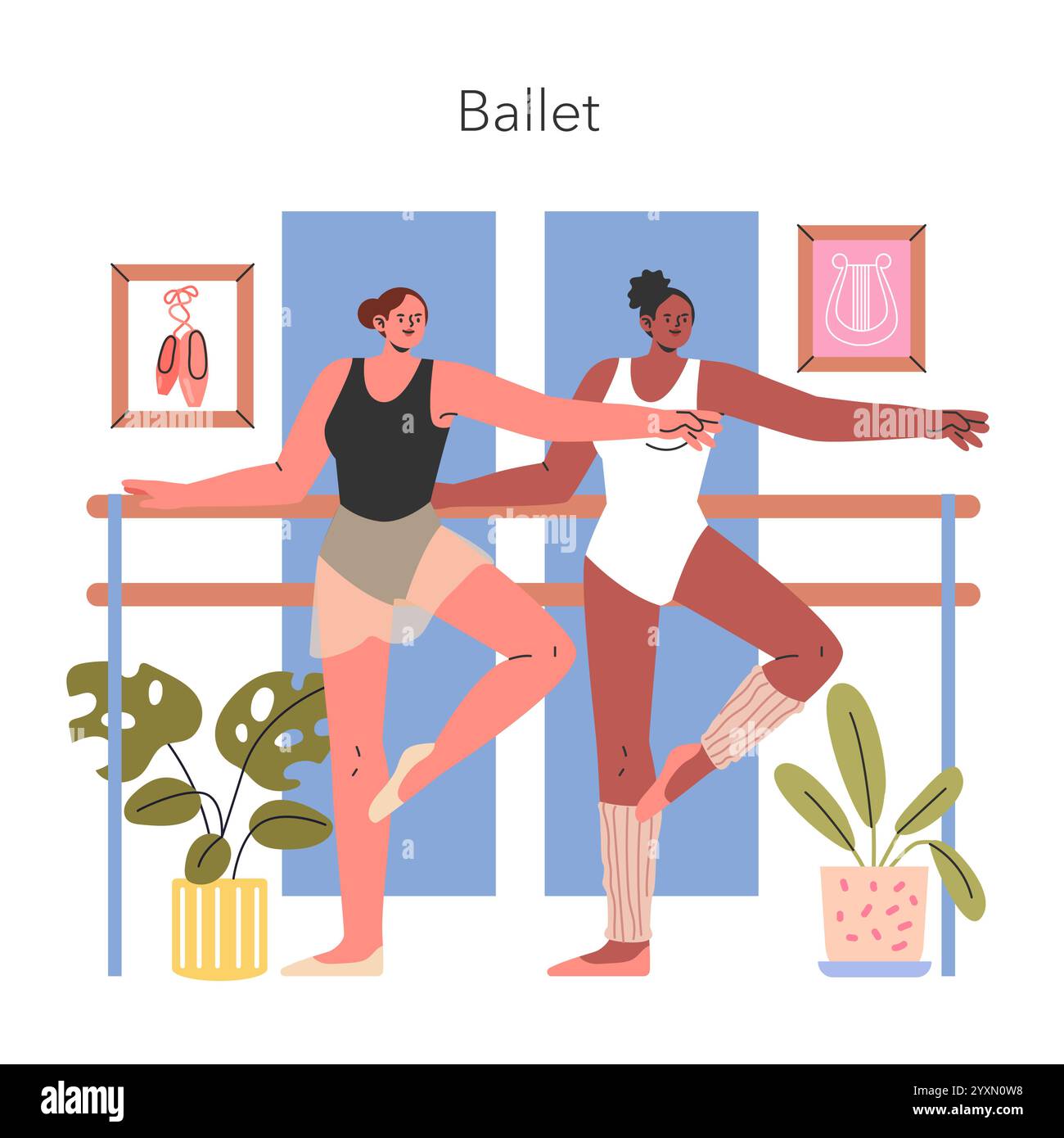 Ballet concept. Two dancers practice at the barre in a studio adorned ...