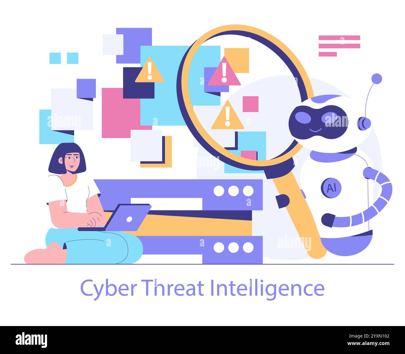 Ai Cybersecurity Concept Robot With Magnifying Glass Scanning For