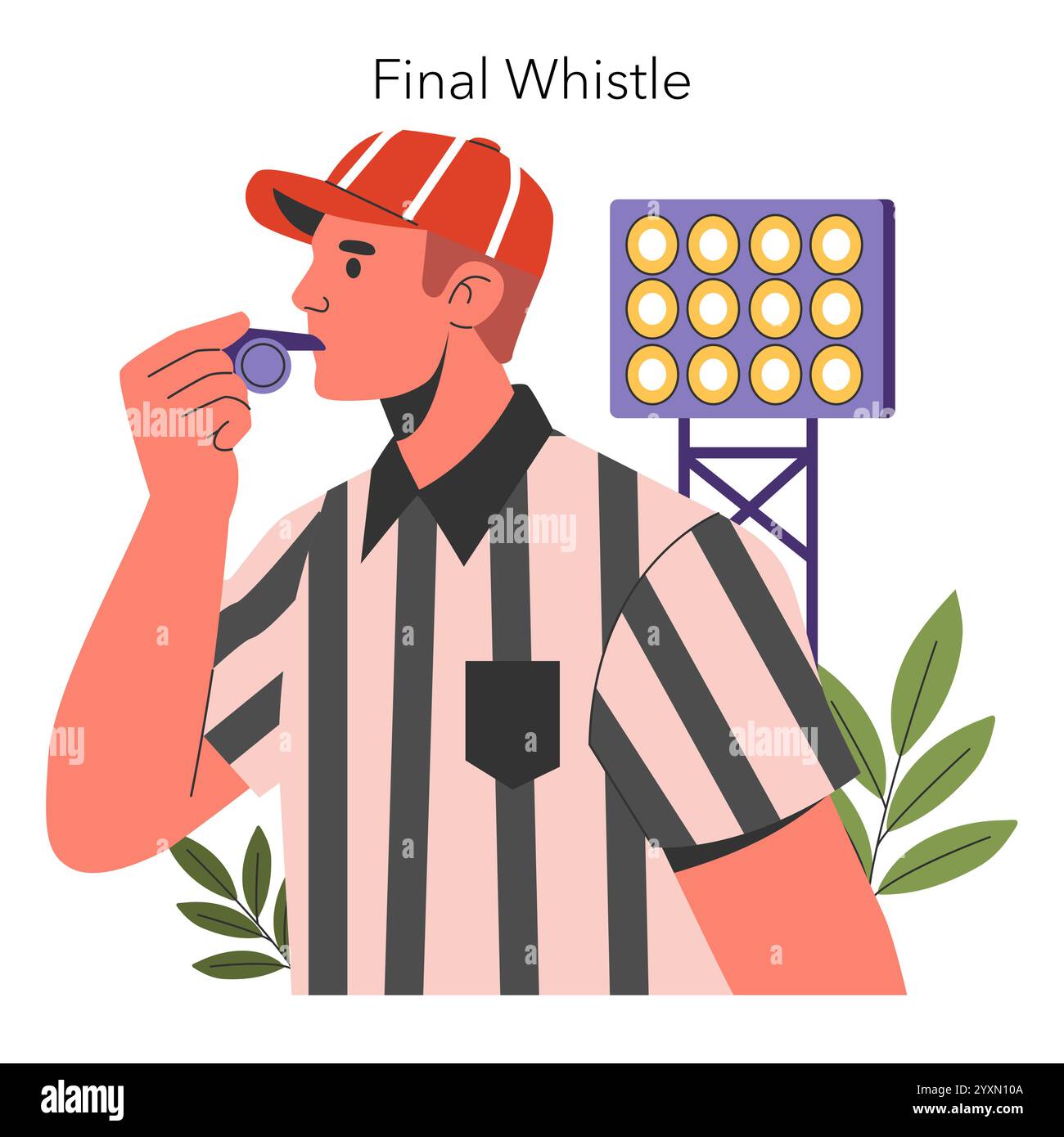 Super Bowl concept. A referee blowing the final whistle with a stadium ...