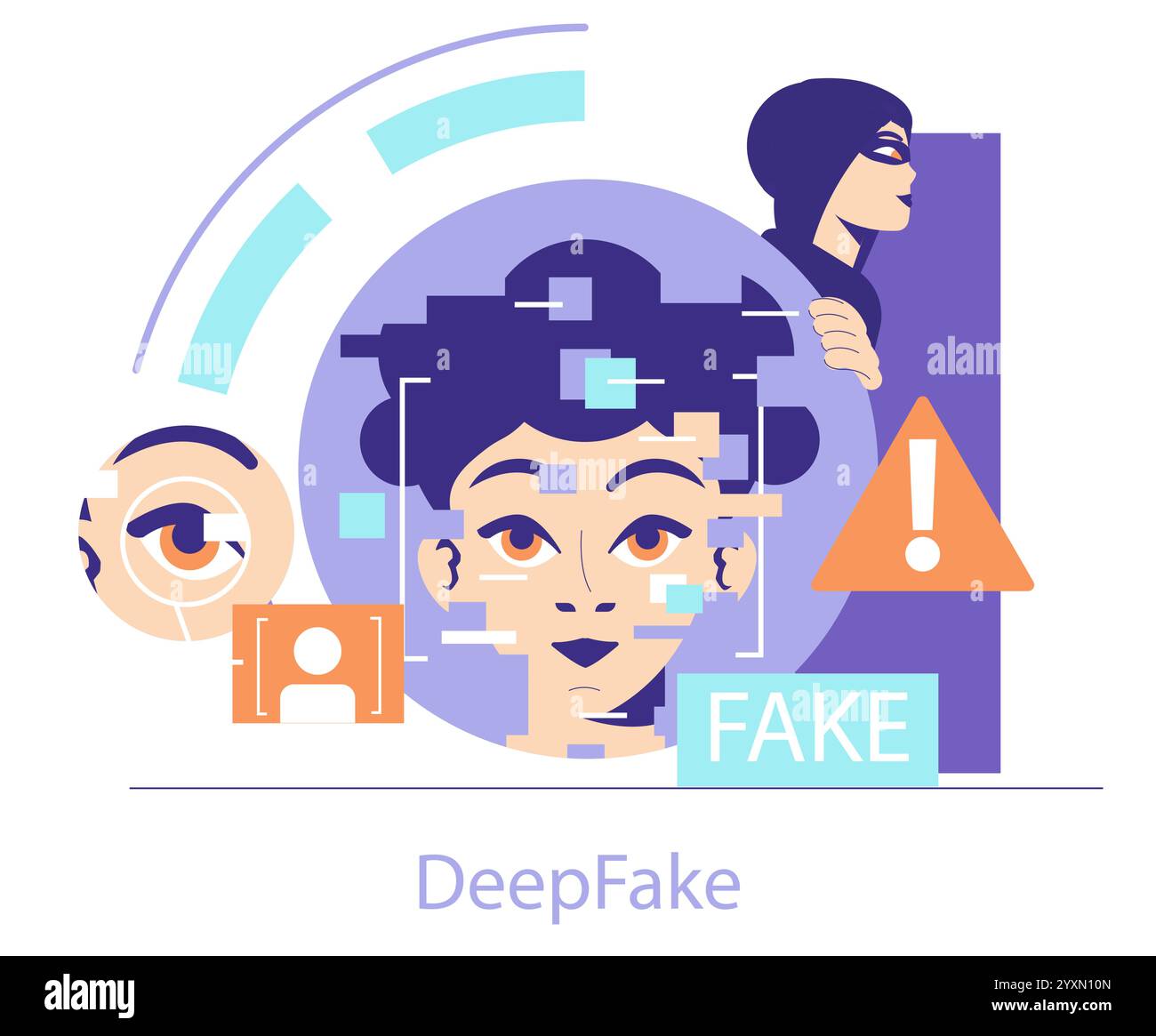 Cybercrime concept. An illustration exposing the deceptive world of deepfake technology with a ...