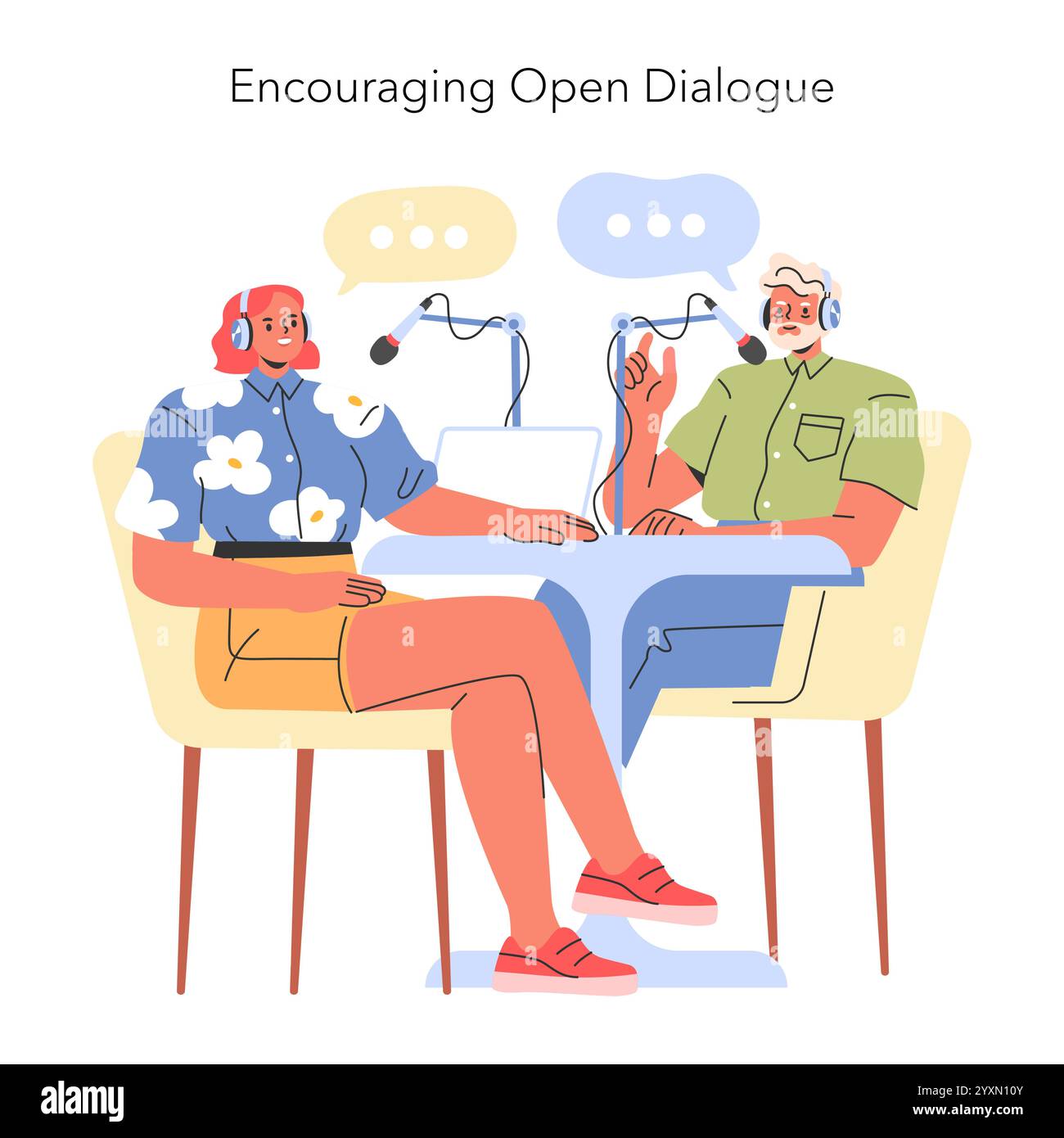 Encouraging Open Dialogue concept. Two people with headsets having a conversation over computers ...