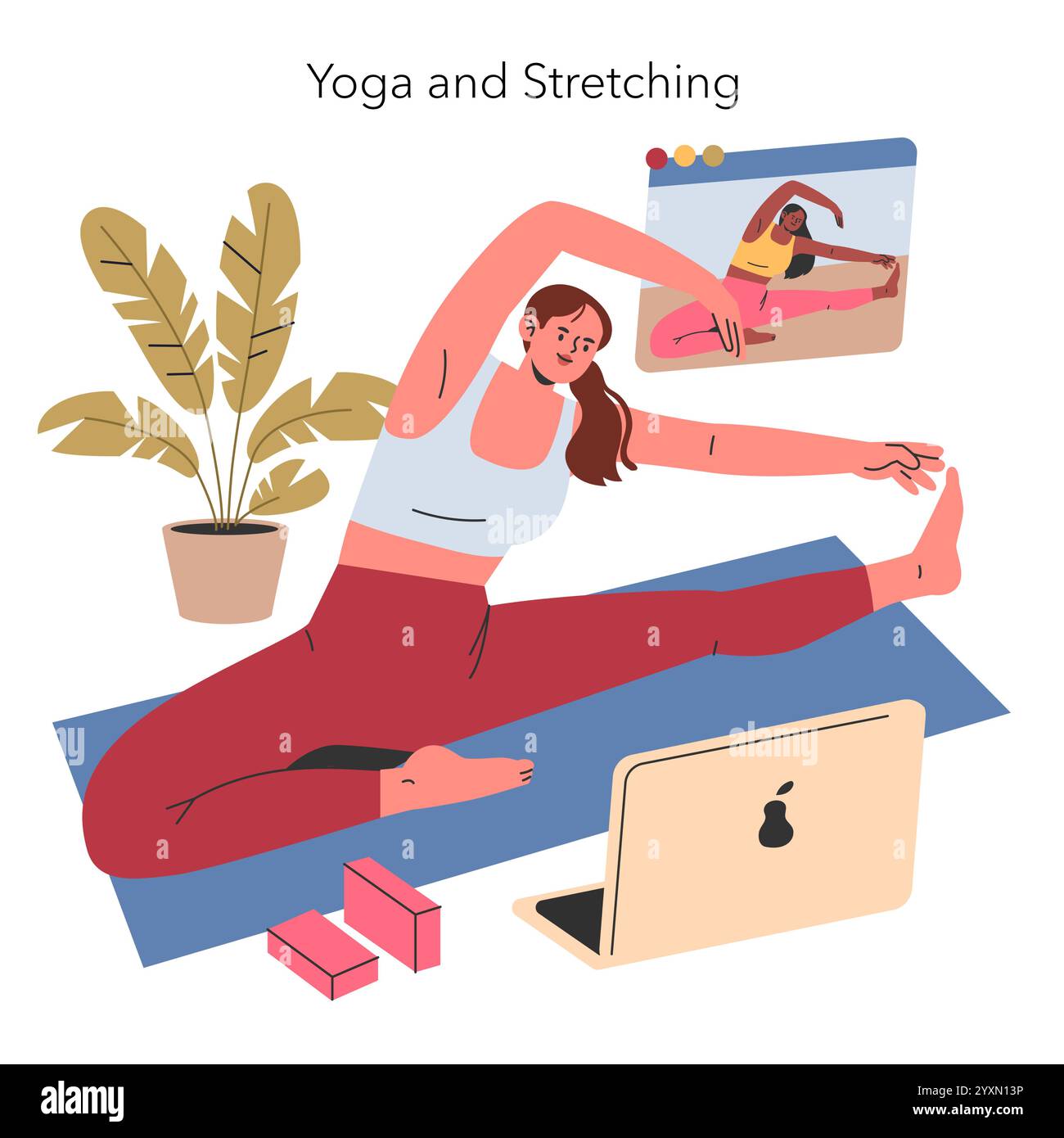Home Yoga Routine concept. A woman follows an online stretching class ...