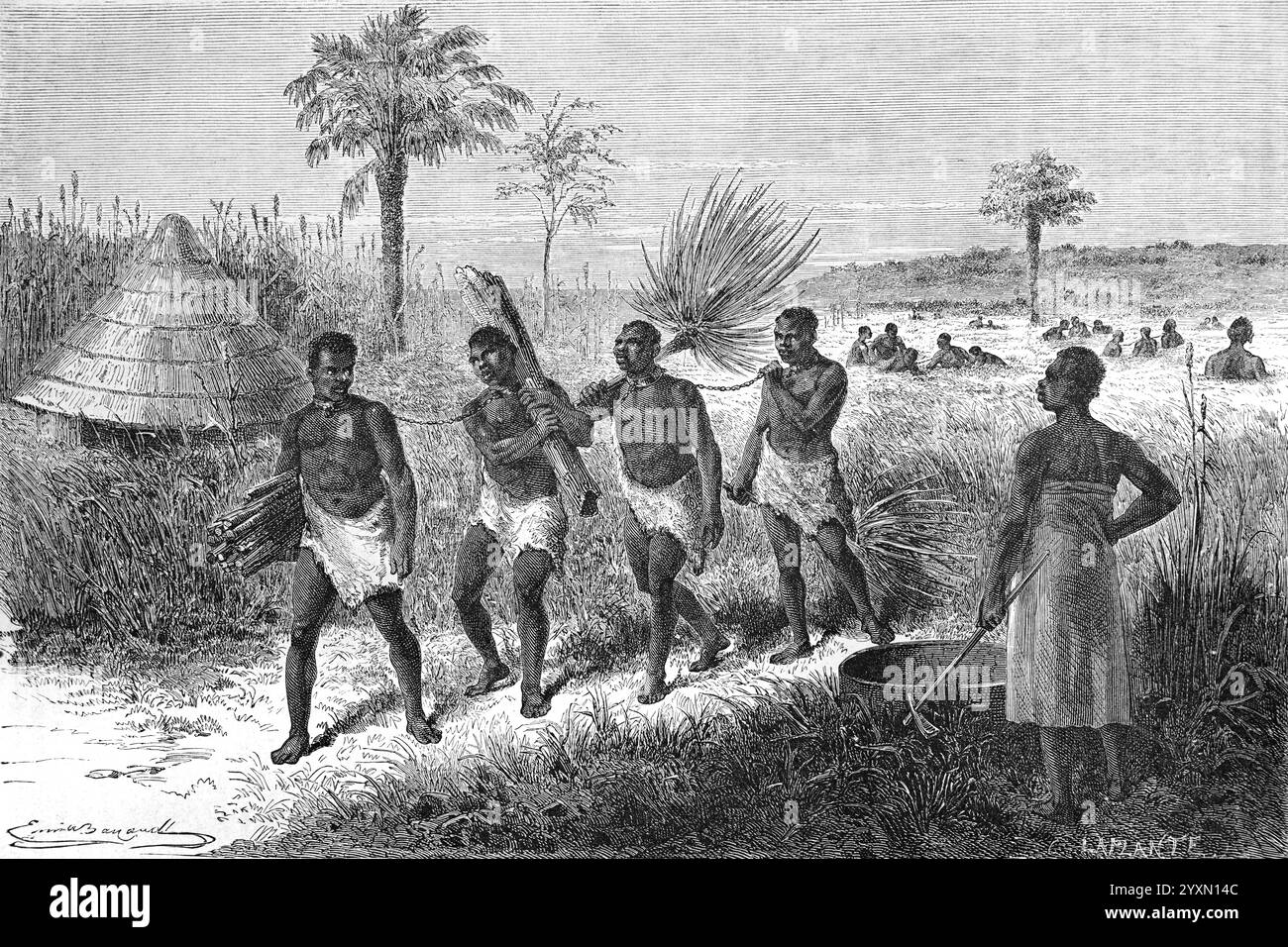 Chained Slaves or Chain Gang Carrying Firewood Tanzania Africa. Vintage ...