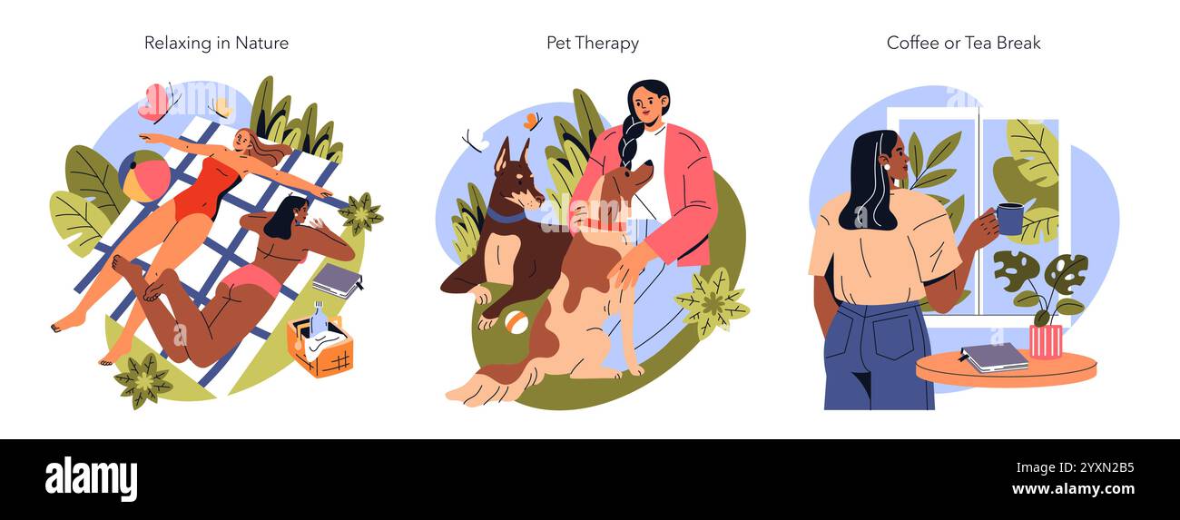 Burnout Breaks set. People finding relaxation through nature, pets, and ...