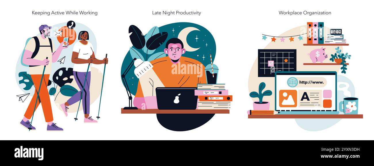 Remote Work set. Balancing fitness, nocturnal efficiency, and organized ...