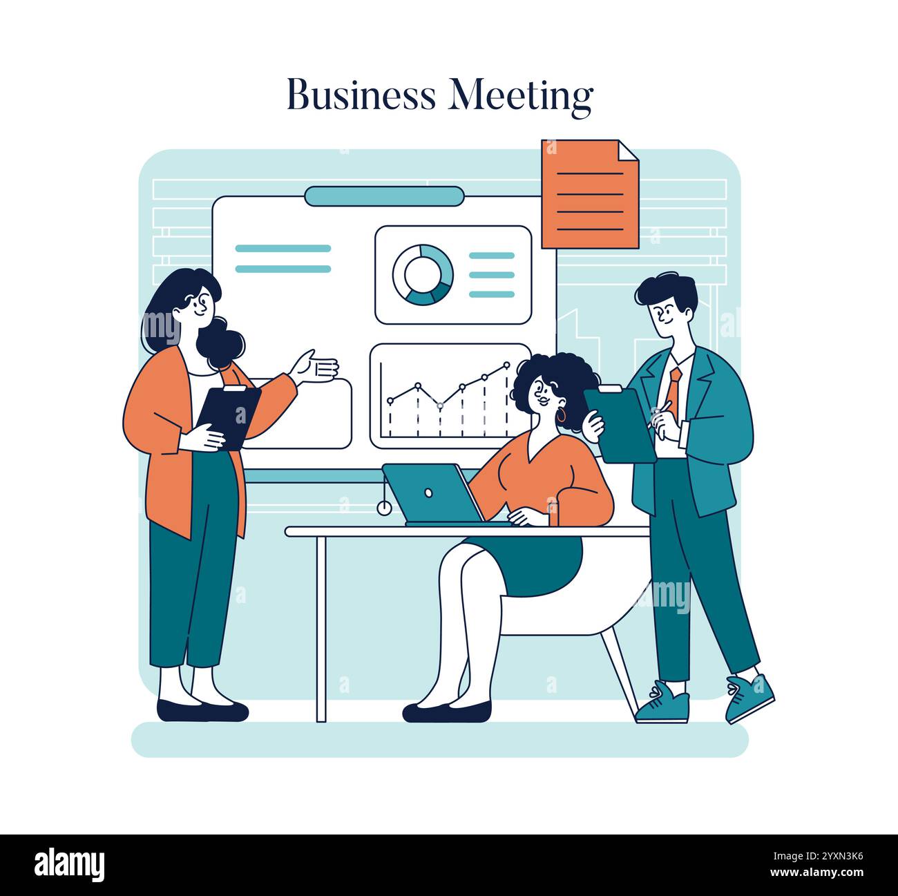 Business Meeting concept. Colleagues engage in a corporate strategy session with graphs and ...