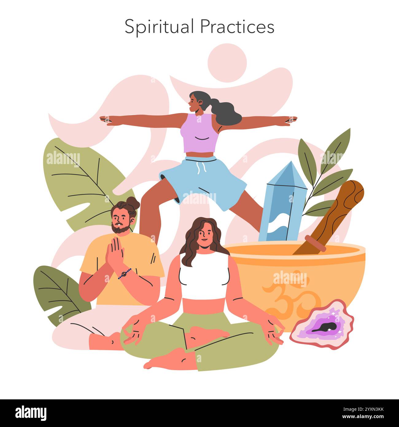 Spiritual Practices concept. Diverse individuals engage in meditation, yoga, and mindfulness for ...