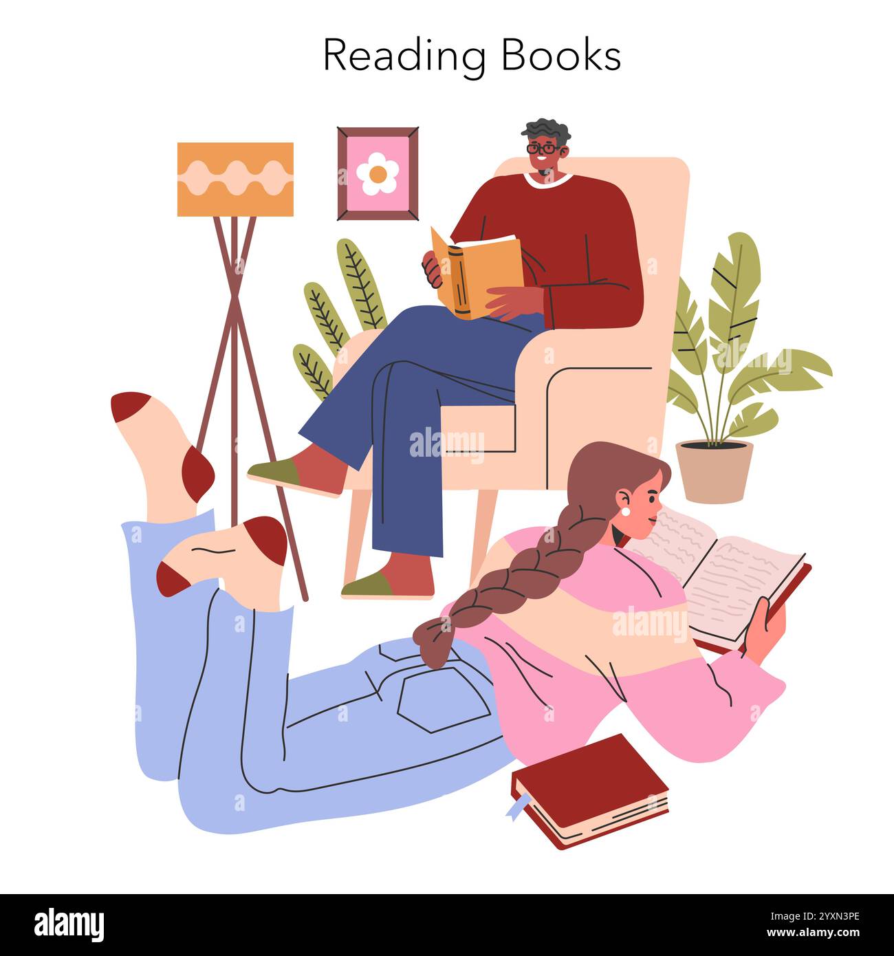 Reading Books concept. Cozy home atmosphere with two people absorbed in ...