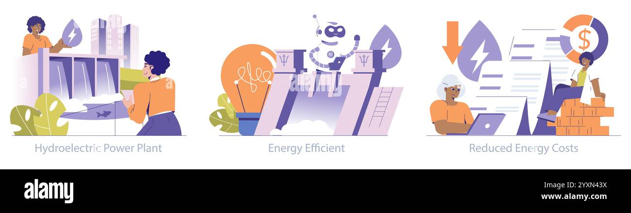 Hydropower set. Sustainable energy generation, technological efficiency ...