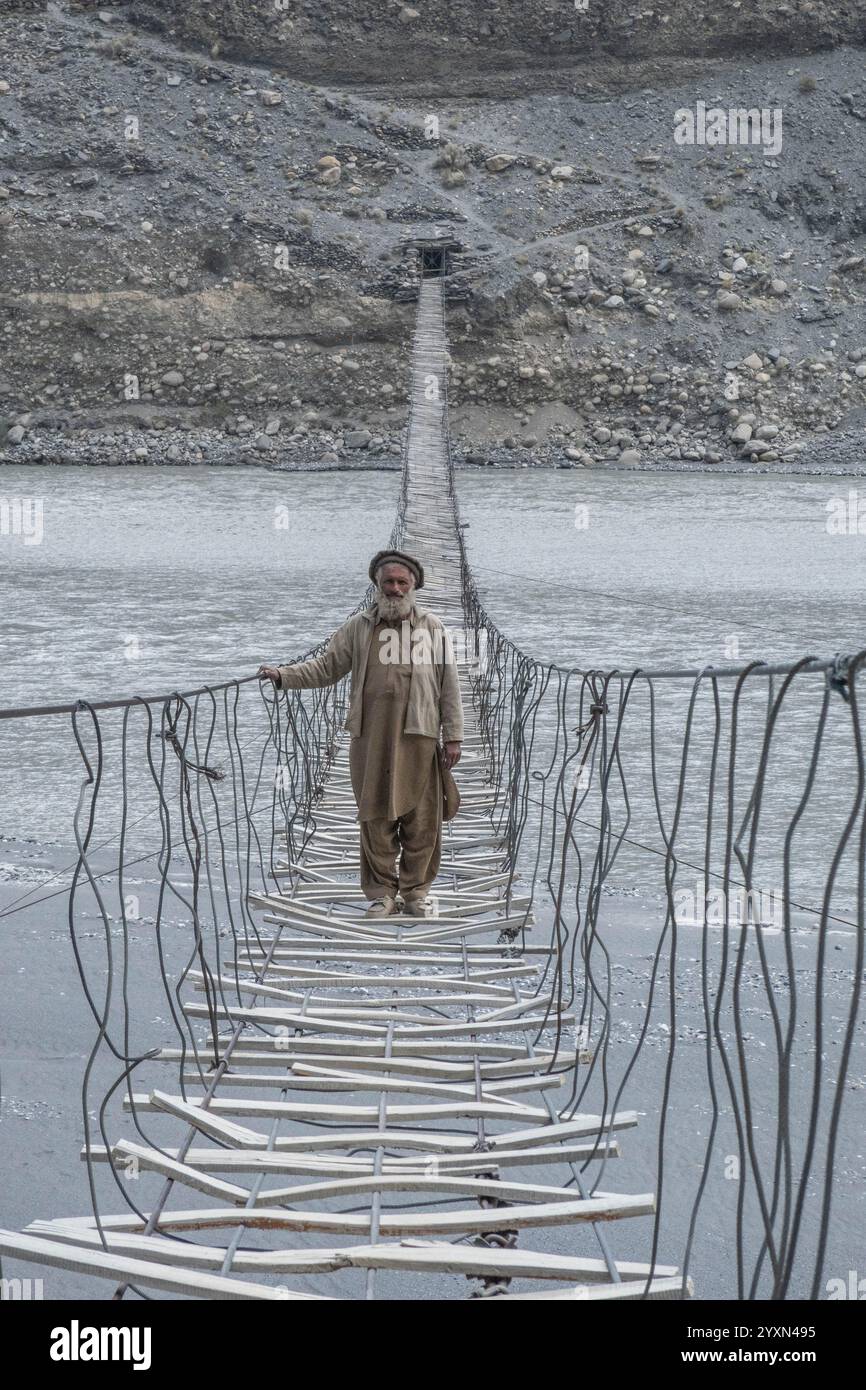Crossing the rickety old Passu susepension bridge over the Hunza River ...