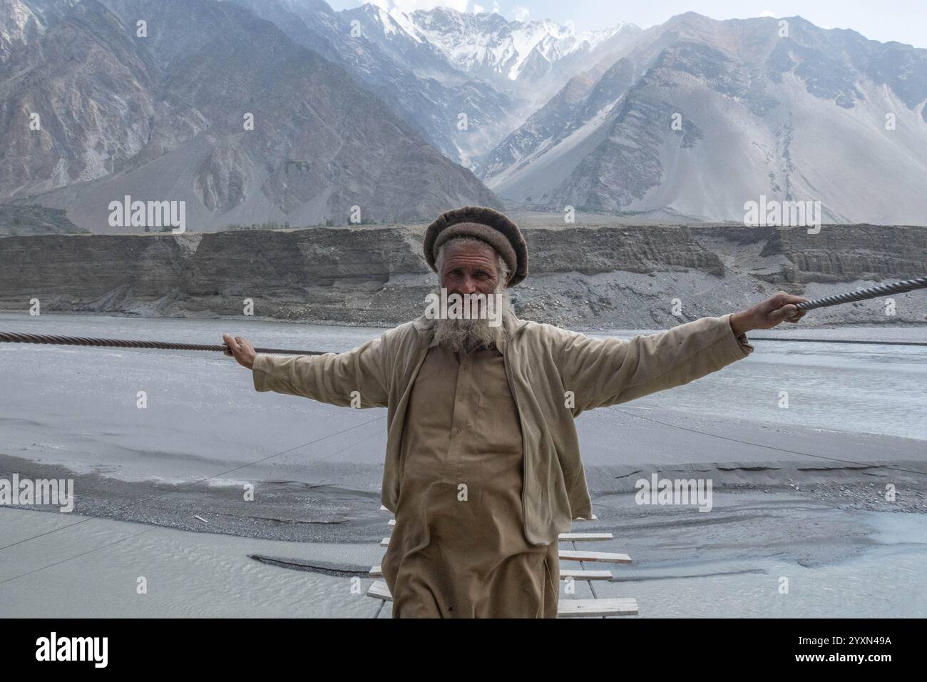 Crossing the rickety old Passu susepension bridge over the Hunza River ...