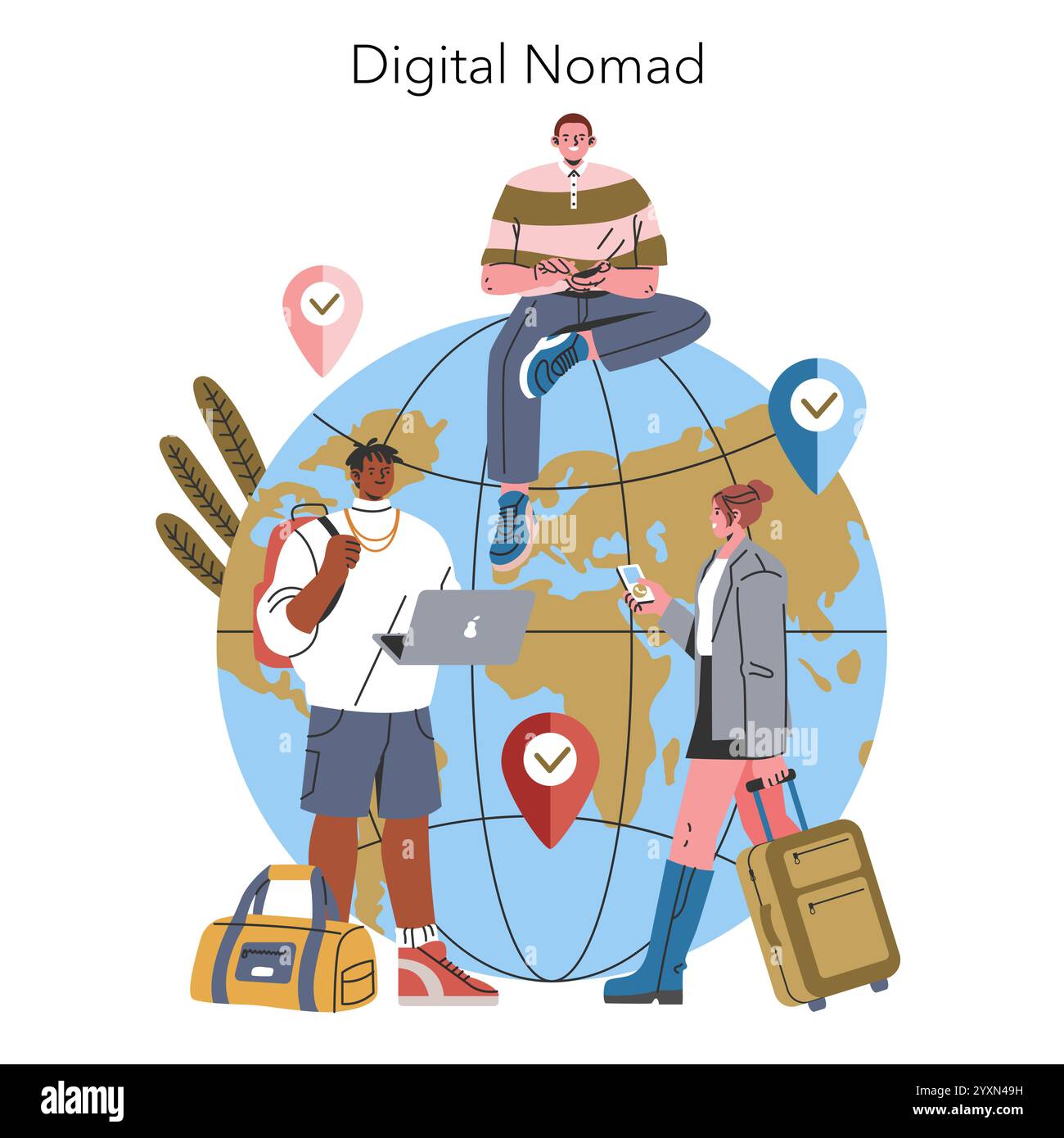 Millennial Hobbies concept. Digital nomads work and travel, illustrated ...