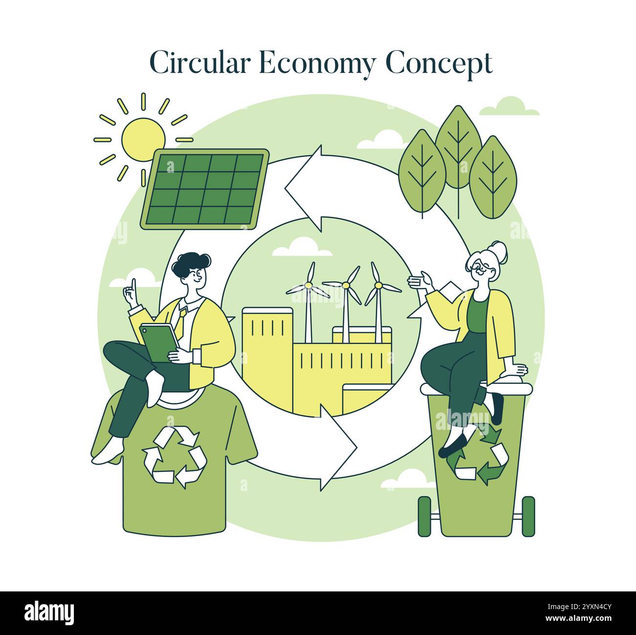 Circular Economy Concept illustration. Individuals partake in ...