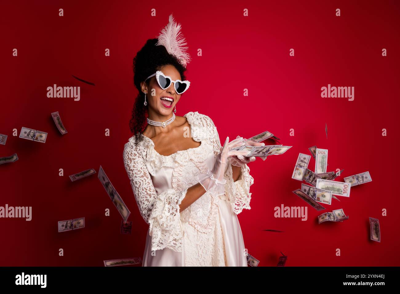 Photo of excited lady spend waste dollars cash banknote wear antique ...