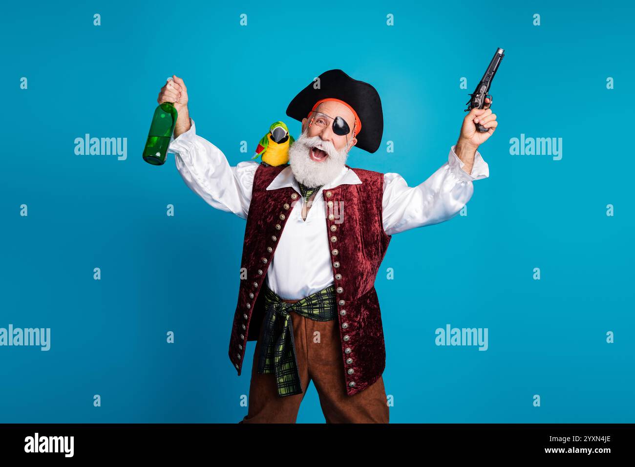 Photo of cheerful positive pirate wearing retro costume celebrating ...