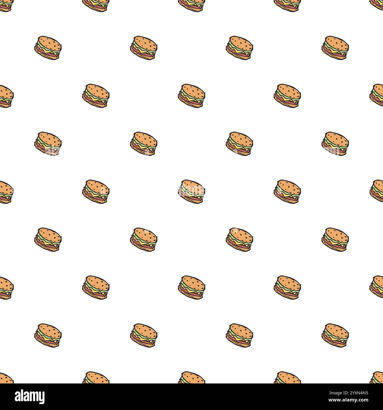 Seamless burger pattern. Drawn hamburger background. Doodle hand drawn ...