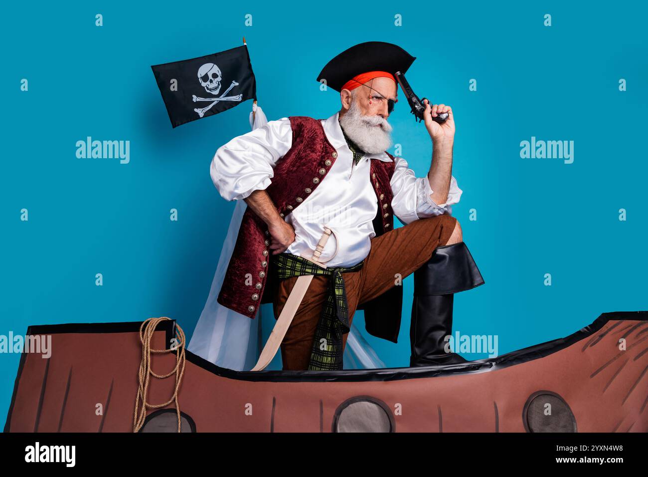 Photo of pensive thoughtful pirate wearing traditional costume swimming ...