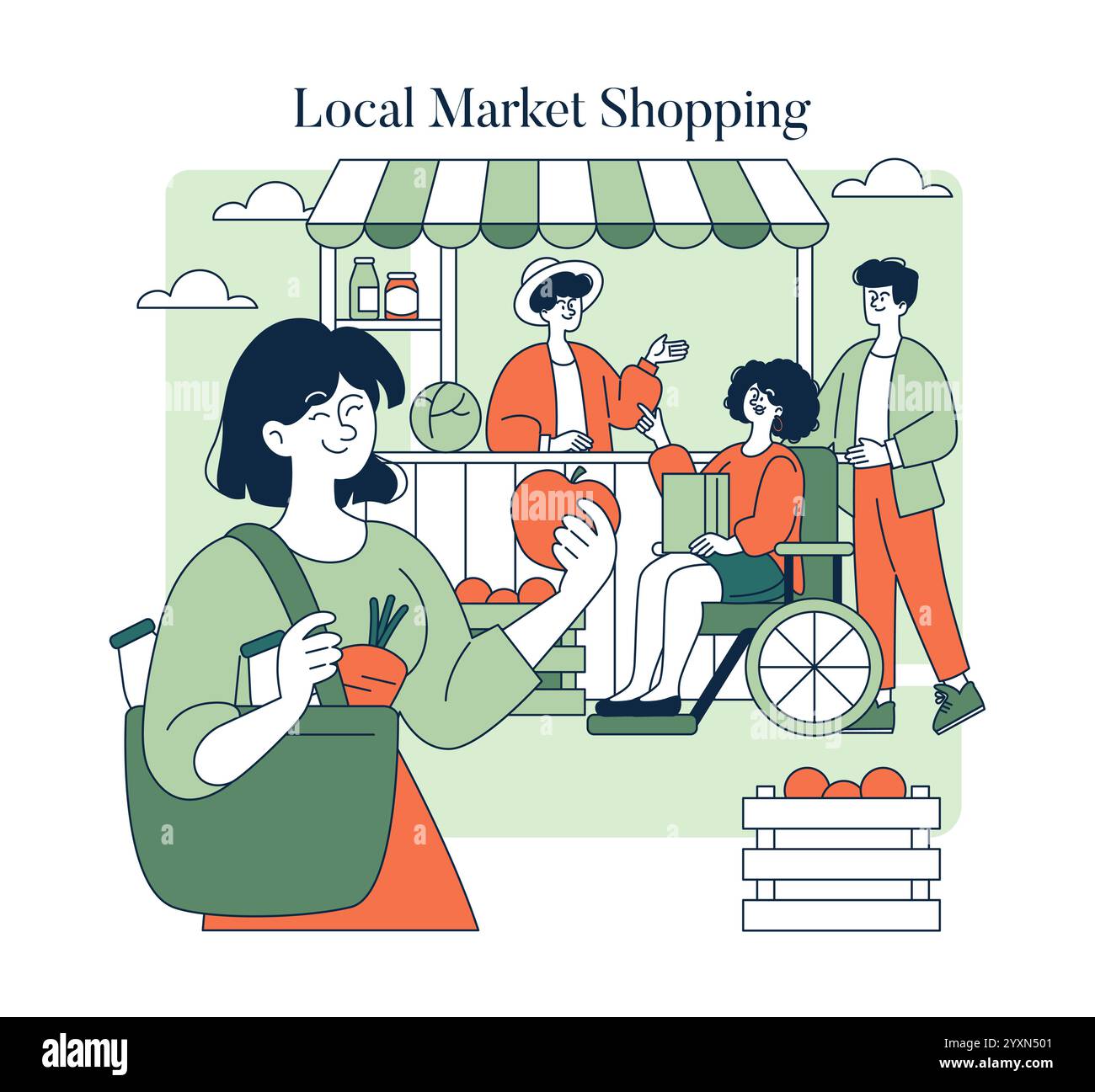 Conscious Consumption concept. Shoppers at a local market choose farm ...